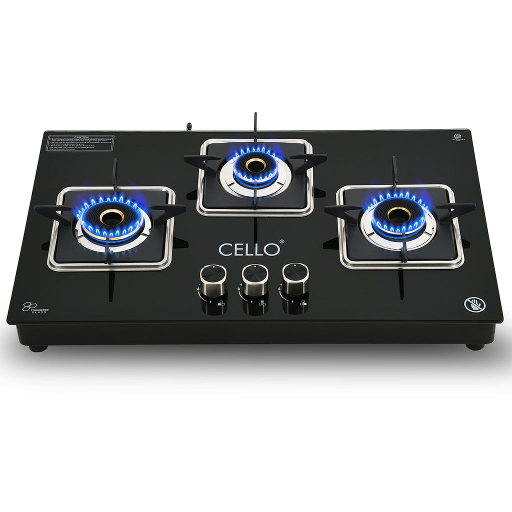 CELLO Platinum 3 Burner Automatic Hob Top LPG Gas Stove 8mm Black Toug