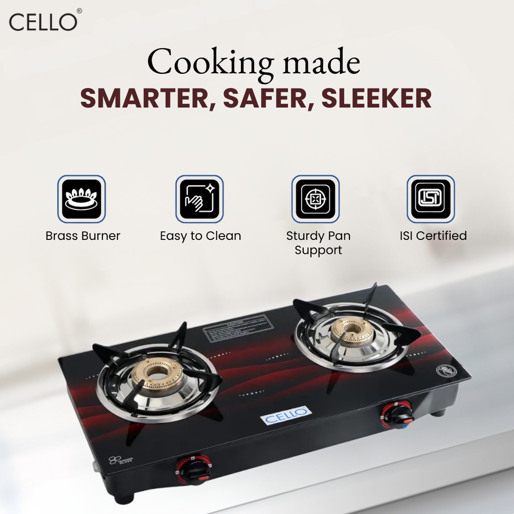 CELLO Gem Red Manual Ignition LPG Glass Top Gas Stove, ISI Certified G