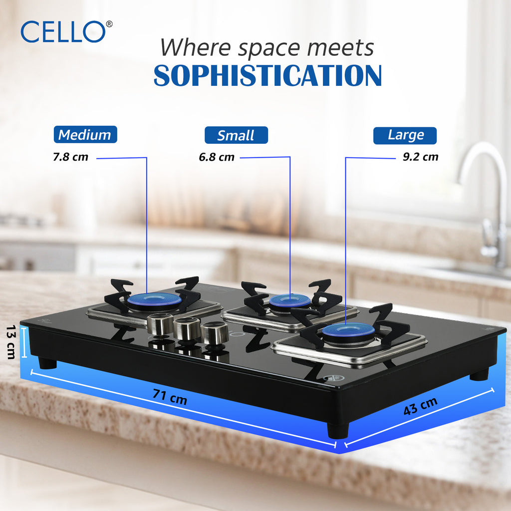 CELLO Platinum 3 Burner Automatic Hob Top LPG Gas Stove 8mm Black Toug