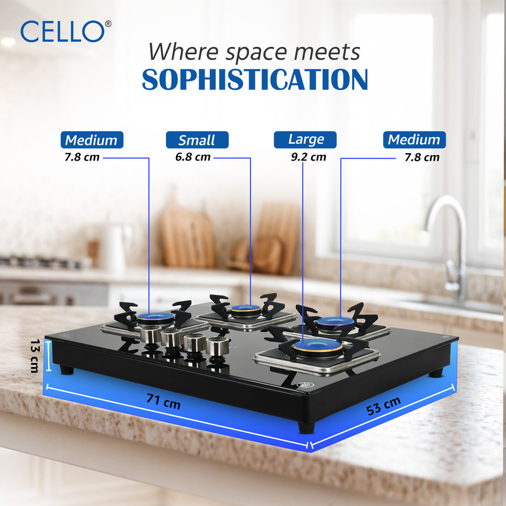 CELLO Platinum 4 Burner Manual Hob Top LPG Gas Stove 8mm Black Toughen