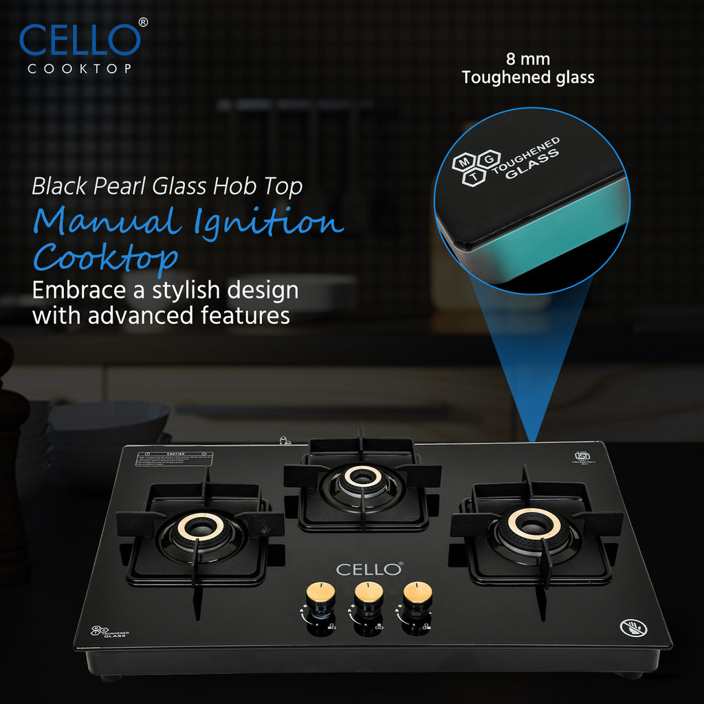 Black Pearl Glass Hob Top Cooktop | Cello Gas Stove | 3 Burner Stove ...