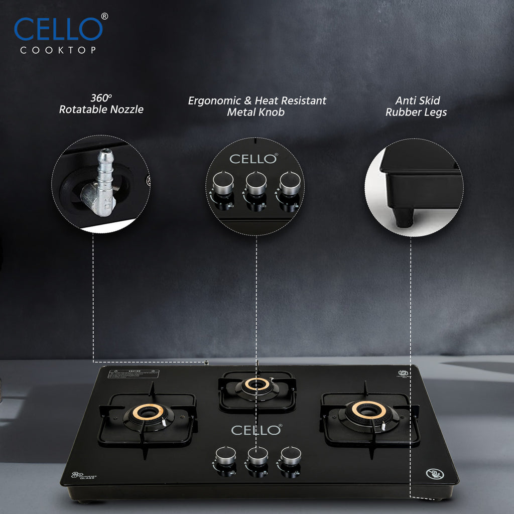 CELLO Crysta Automatic Ignition Hob Top 8 MM Black Glass Automatic Gas