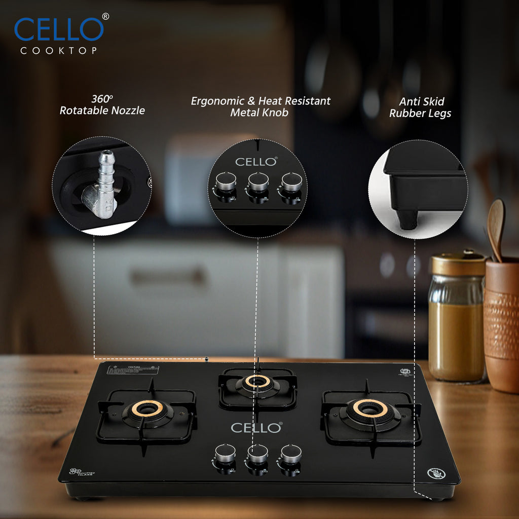CELLO Crysta Manual Ignition Hob Top 8 MM Glass Manual Gas Stove